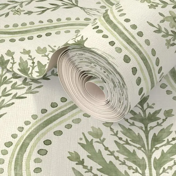 Spoonflower Large Monticello Moss Cream 100% Natural Sisal Grasscloth Wallcovering - Green,beige