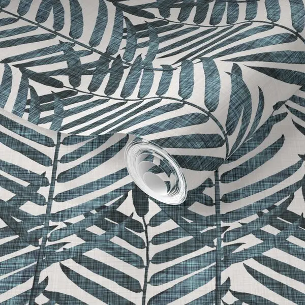 Spoonflower Boho Modern Botanical Bohemian Palm Leaf Tropical Custom Pre-pasted Wallpaper - Blue