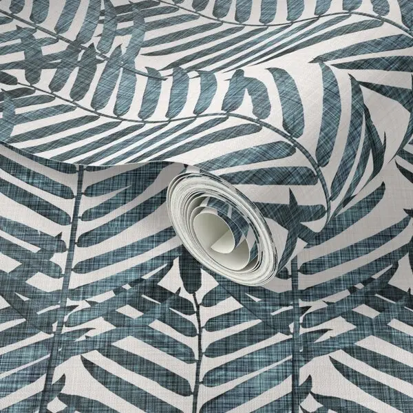 Spoonflower Boho Modern Botanical Bohemian Palm Leaf Tropical Custom Pre-pasted Wallpaper - Blue