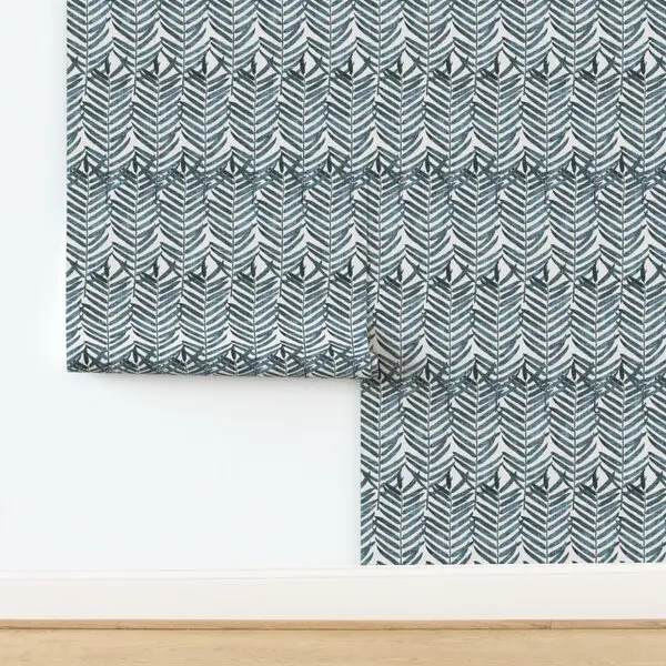 Spoonflower Boho Modern Botanical Bohemian Palm Leaf Tropical Custom Pre-pasted Wallpaper - Blue
