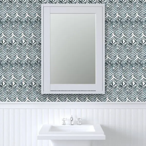 Spoonflower Boho Modern Botanical Bohemian Palm Leaf Tropical Custom Pre-pasted Wallpaper - Blue