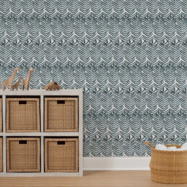 Spoonflower Boho Modern Botanical Bohemian Palm Leaf Tropical Custom Pre-pasted Wallpaper - Blue