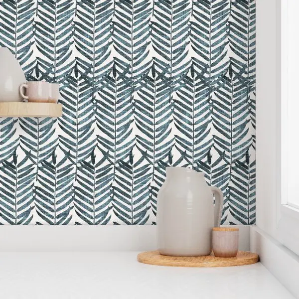 Spoonflower Boho Modern Botanical Bohemian Palm Leaf Tropical Custom Pre-pasted Wallpaper - Blue