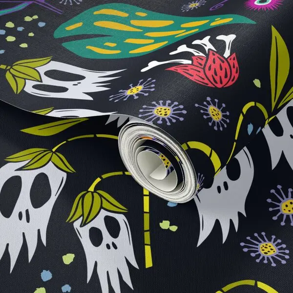 Spoonflower Garden Bones Fantasy Halloween Spooky Gothic Custom Pre-pasted Wallpaper - Black,rainbow