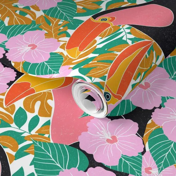 Spoonflower Colorful Toucans Modern Tropical Style Jungle Custom Pre-pasted Wallpaper - Orange,pink