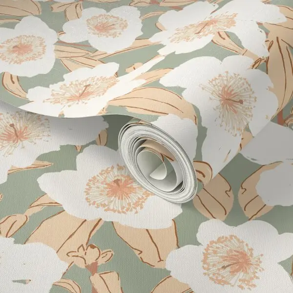 Spoonflower Overgrown Sage Floral Large Soft Autumn Neutral Custom Pre-pasted Wallpaper - Green,beige