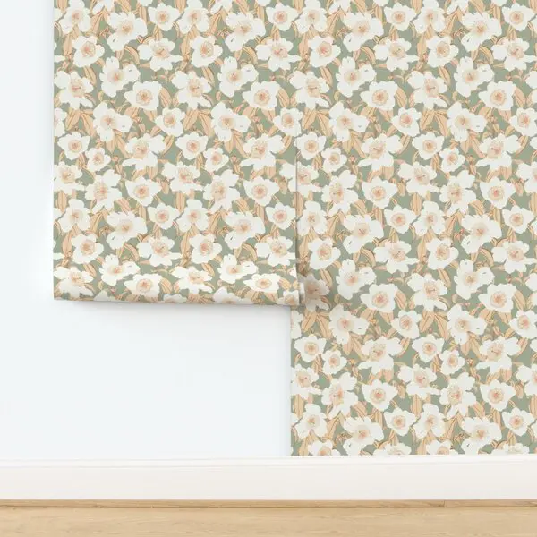 Spoonflower Overgrown Sage Floral Large Soft Autumn Neutral Custom Pre-pasted Wallpaper