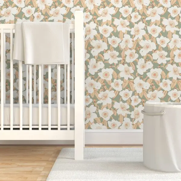 Spoonflower Overgrown Sage Floral Large Soft Autumn Neutral Custom Pre-pasted Wallpaper