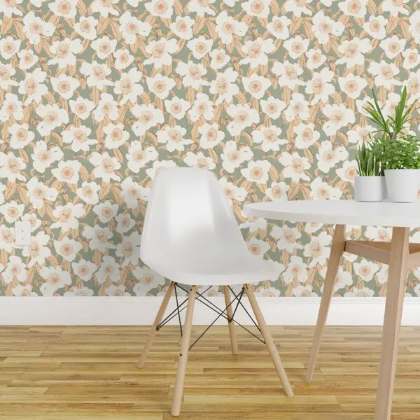 Spoonflower Overgrown Sage Floral Large Soft Autumn Neutral Custom Pre-pasted Wallpaper