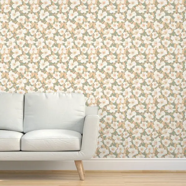Spoonflower Overgrown Sage Floral Large Soft Autumn Neutral Custom Pre-pasted Wallpaper