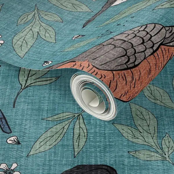 Spoonflower Birds Breeds Ornithology Farmhouse Burlap Custom Pre-pasted Wallpaper - Blue