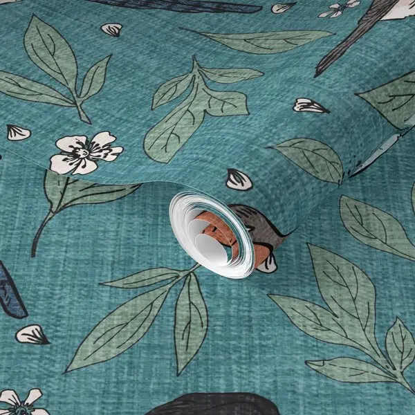 Spoonflower Birds Breeds Ornithology Farmhouse Burlap Custom Pre-pasted Wallpaper - Blue