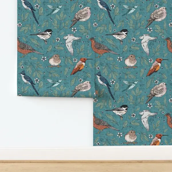Spoonflower Birds Breeds Ornithology Farmhouse Burlap Custom Pre-pasted Wallpaper - Blue