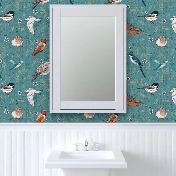 Spoonflower Birds Breeds Ornithology Farmhouse Burlap Custom Pre-pasted Wallpaper - Blue