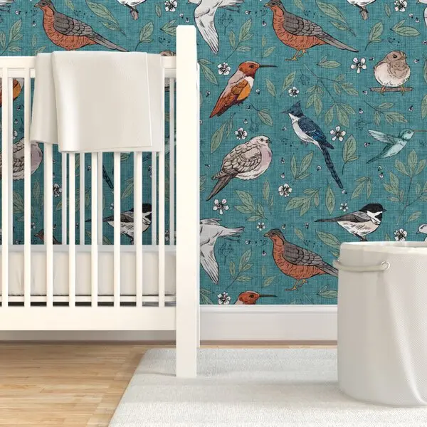 Spoonflower Birds Breeds Ornithology Farmhouse Burlap Custom Pre-pasted Wallpaper - Blue