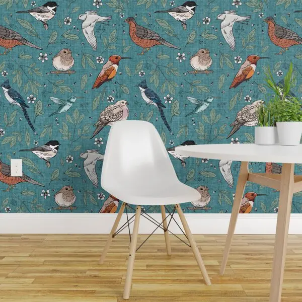 Spoonflower Birds Breeds Ornithology Farmhouse Burlap Custom Pre-pasted Wallpaper - Blue