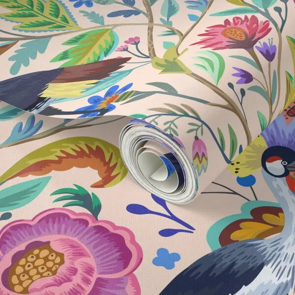 Spoonflower Victorian Garden Fantasy Colorful Birds Whimsy Traditional Wallpaper - Pink,blue