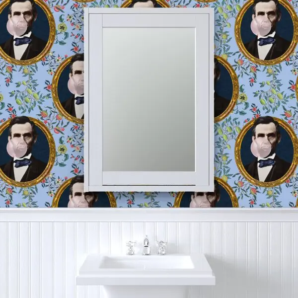 Spoonflower Abraham Lincoln Bubblegum Floral Print Portrait Custom Pre-pasted Wallpaper - Blue,black