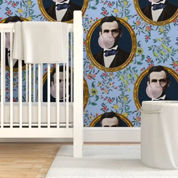 Spoonflower Abraham Lincoln Bubblegum Floral Print Portrait Custom Pre-pasted Wallpaper - Blue,black