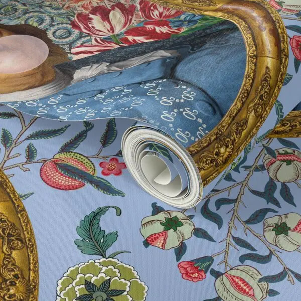 Spoonflower Benjamin Franklin Bubblegum Portrait Floral Print Custom Pre-pasted Wallpaper - Blue
