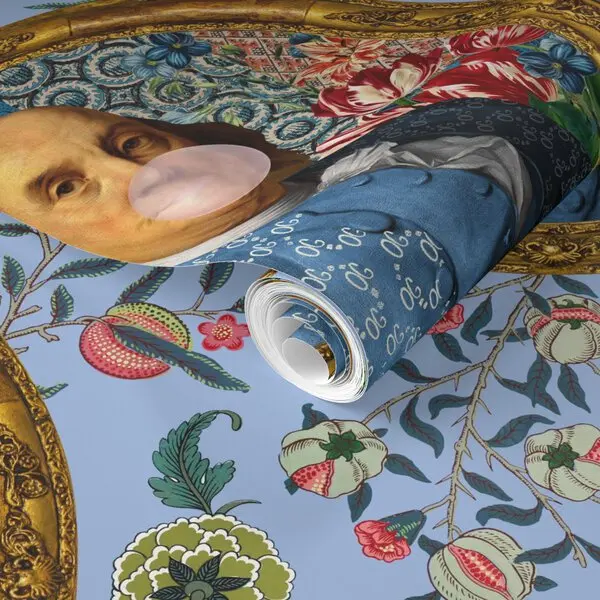 Spoonflower Benjamin Franklin Bubblegum Portrait Floral Print Custom Pre-pasted Wallpaper - Blue