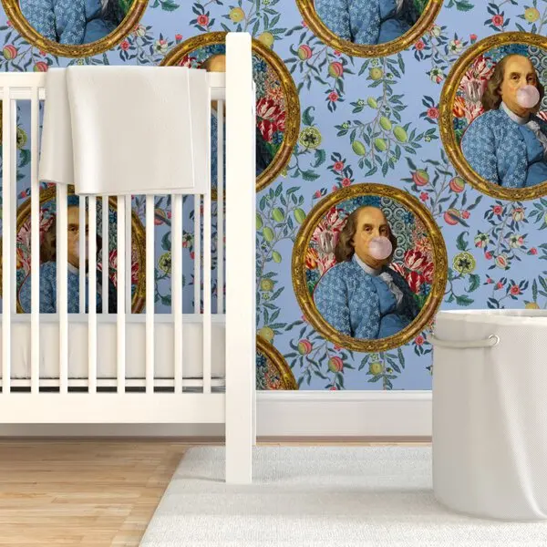 Spoonflower Benjamin Franklin Bubblegum Portrait Floral Print Custom Pre-pasted Wallpaper - Blue