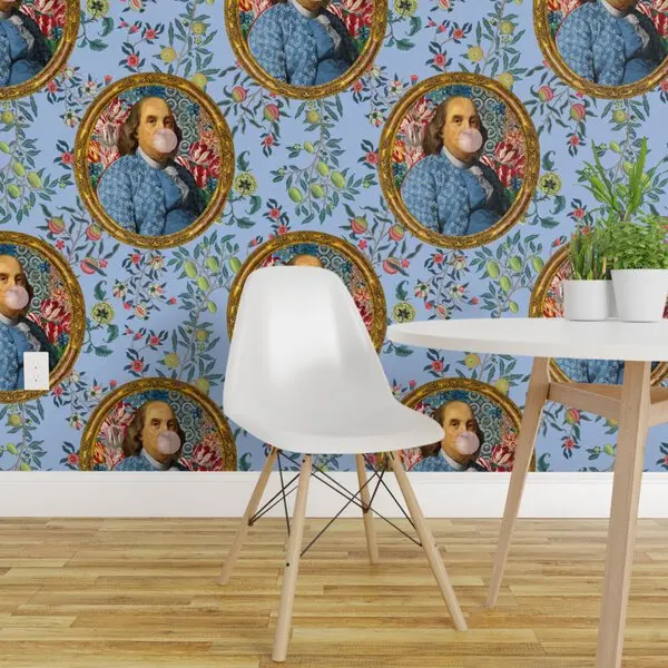 Spoonflower Benjamin Franklin Bubblegum Portrait Floral Print Custom Pre-pasted Wallpaper - Blue
