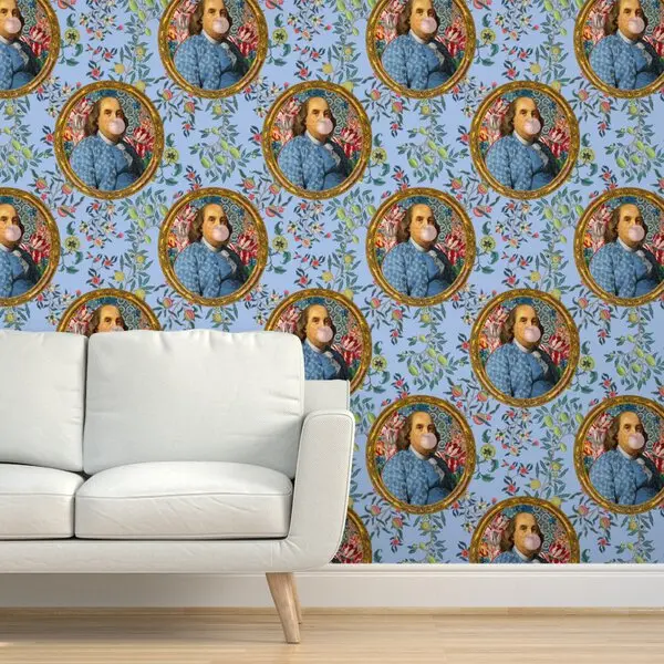 Spoonflower Benjamin Franklin Bubblegum Portrait Floral Print Custom Pre-pasted Wallpaper - Blue