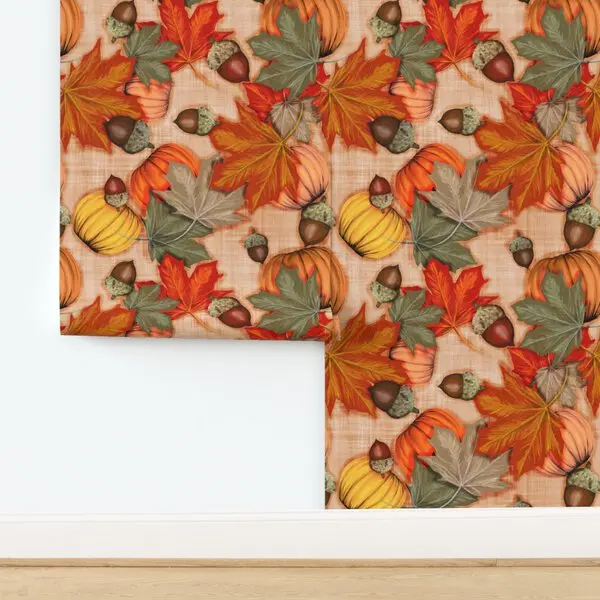 Spoonflower Fall Autumn Warm Pumpkin Seasonal Acorns Squash Custom Pre-pasted Wallpaper - Orange