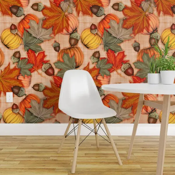 Spoonflower Fall Autumn Warm Pumpkin Seasonal Acorns Squash Custom Pre-pasted Wallpaper - Orange