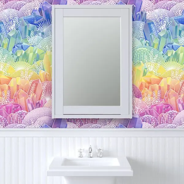 Spoonflower Crystal Garden Magical Unicorn Novelty Custom Pre-pasted Wallpaper - Rainbow