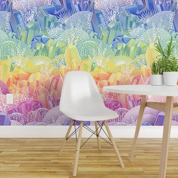 Spoonflower Crystal Garden Magical Unicorn Novelty Custom Pre-pasted Wallpaper - Rainbow