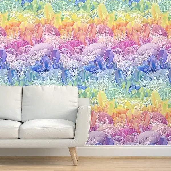 Spoonflower Crystal Garden Magical Unicorn Novelty Custom Pre-pasted Wallpaper - Rainbow