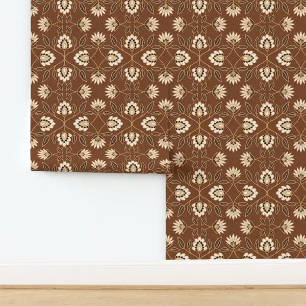 Spoonflower Folklore Geo Flowers Geometric Tiles Ethnic Style Custom Pre-pasted Wallpaper - Brown