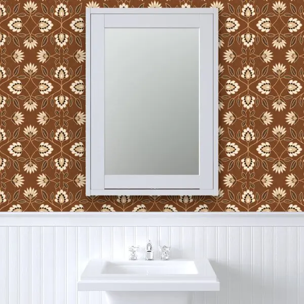 Spoonflower Folklore Geo Flowers Geometric Tiles Ethnic Style Custom Pre-pasted Wallpaper - Brown