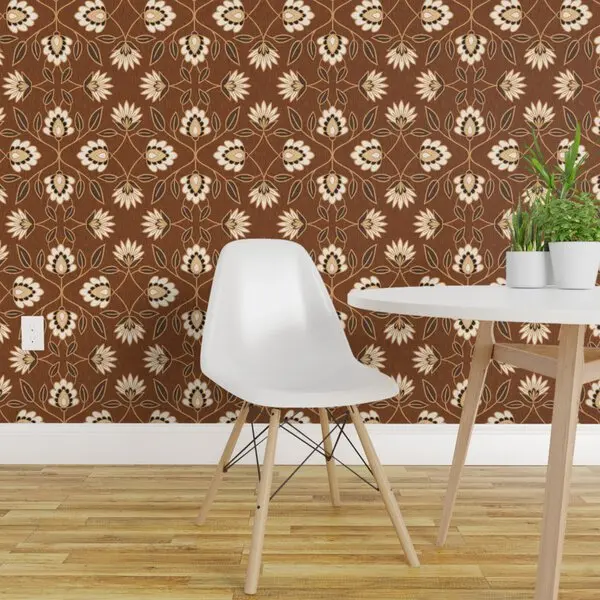 Spoonflower Folklore Geo Flowers Geometric Tiles Ethnic Style Custom Pre-pasted Wallpaper - Brown