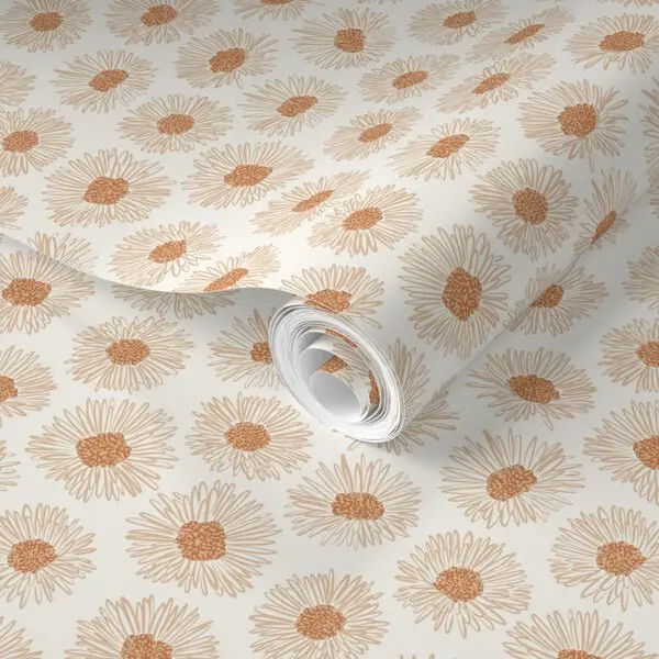 Spoonflower Modern Floral Neutral Freehand Flowers Terracotta Custom Removable Wallpaper - Beige,orange