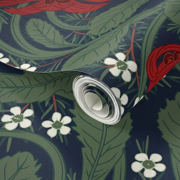 Spoonflower Australian Natives Art Nouveau William Morris Red Custom Pre-pasted Wallpaper - Blue,green