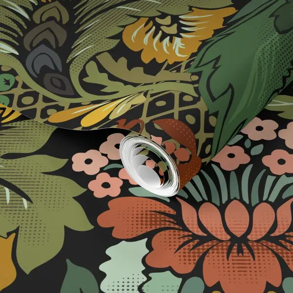 Spoonflower Modern Victorian Art Deco Jungle Foliage Romantic Custom Pre-pasted Wallpaper - Green