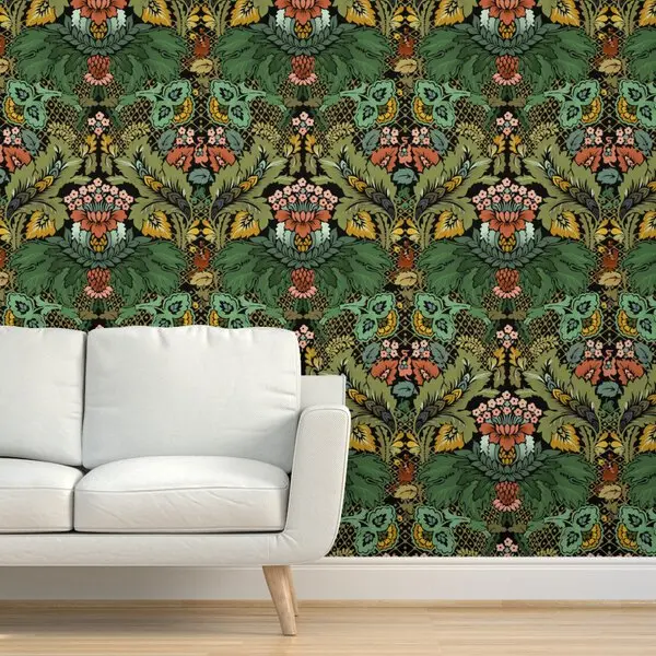 Spoonflower Modern Victorian Art Deco Jungle Foliage Romantic Custom Pre-pasted Wallpaper - Green