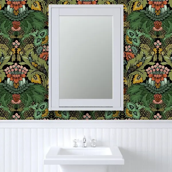 Spoonflower Modern Victorian Art Deco Jungle Foliage Romantic Custom Pre-pasted Wallpaper - Green