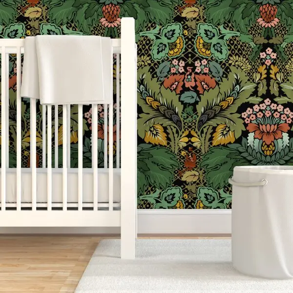 Spoonflower Modern Victorian Art Deco Jungle Foliage Romantic Custom Pre-pasted Wallpaper - Green