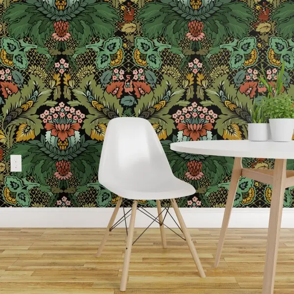 Spoonflower Modern Victorian Art Deco Jungle Foliage Romantic Custom Pre-pasted Wallpaper - Green