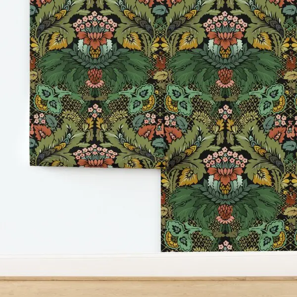 Spoonflower Modern Victorian Art Deco Jungle Foliage Romantic Custom Pre-pasted Wallpaper - Green