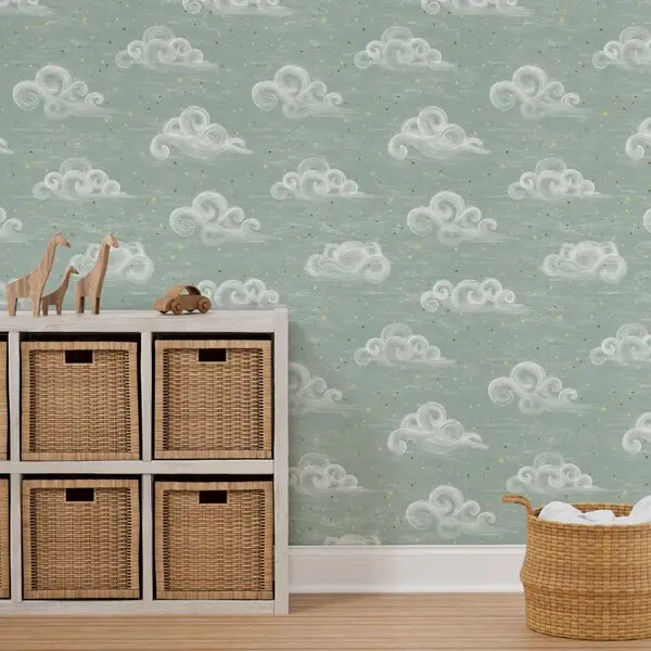 Spoonflower Whimsical Clouds Hand-drawn Pastel Nursery Soft Custom Pre-pasted Wallpaper