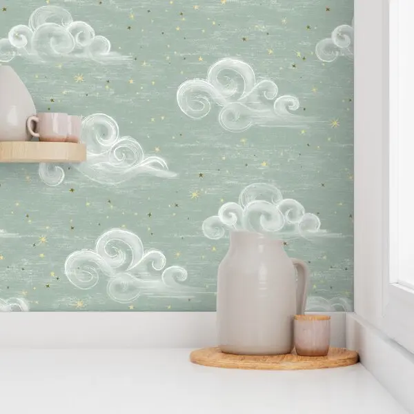 Spoonflower Whimsical Clouds Hand-drawn Pastel Nursery Soft Custom Pre-pasted Wallpaper