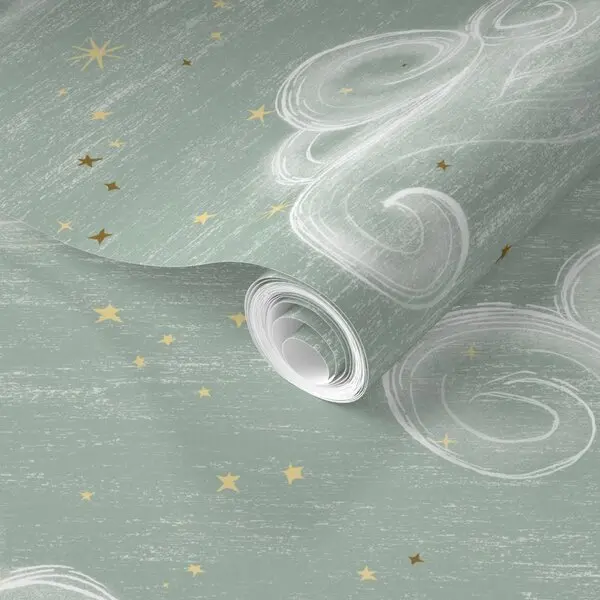 Spoonflower Whimsical Clouds Hand-drawn Pastel Nursery Soft Custom Pre-pasted Wallpaper