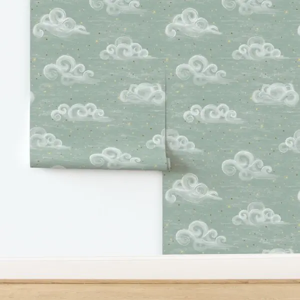 Spoonflower Whimsical Clouds Hand-drawn Pastel Nursery Soft Custom Pre-pasted Wallpaper