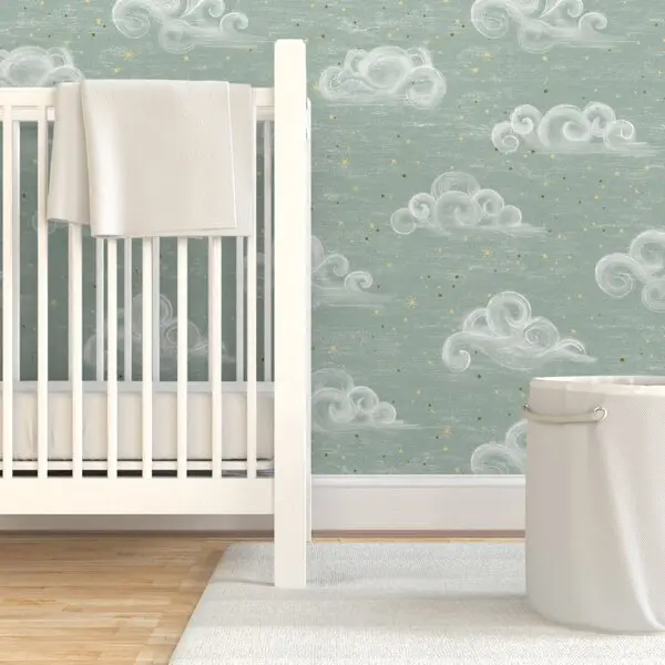 Spoonflower Whimsical Clouds Hand-drawn Pastel Nursery Soft Custom Pre-pasted Wallpaper