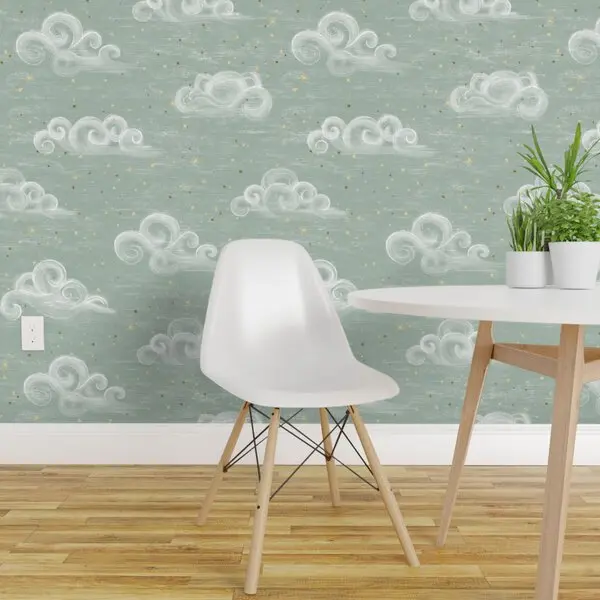 Spoonflower Whimsical Clouds Hand-drawn Pastel Nursery Soft Custom Pre-pasted Wallpaper